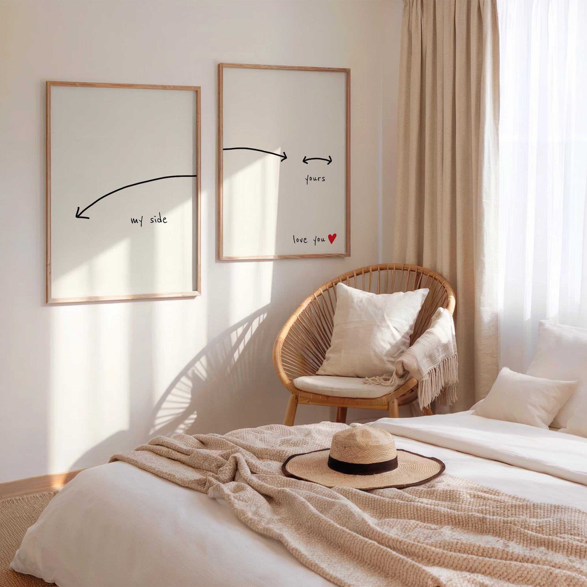 Poster Set of 2, Couples Bedroom Wall Art, My Side Yours Quirky Print ...