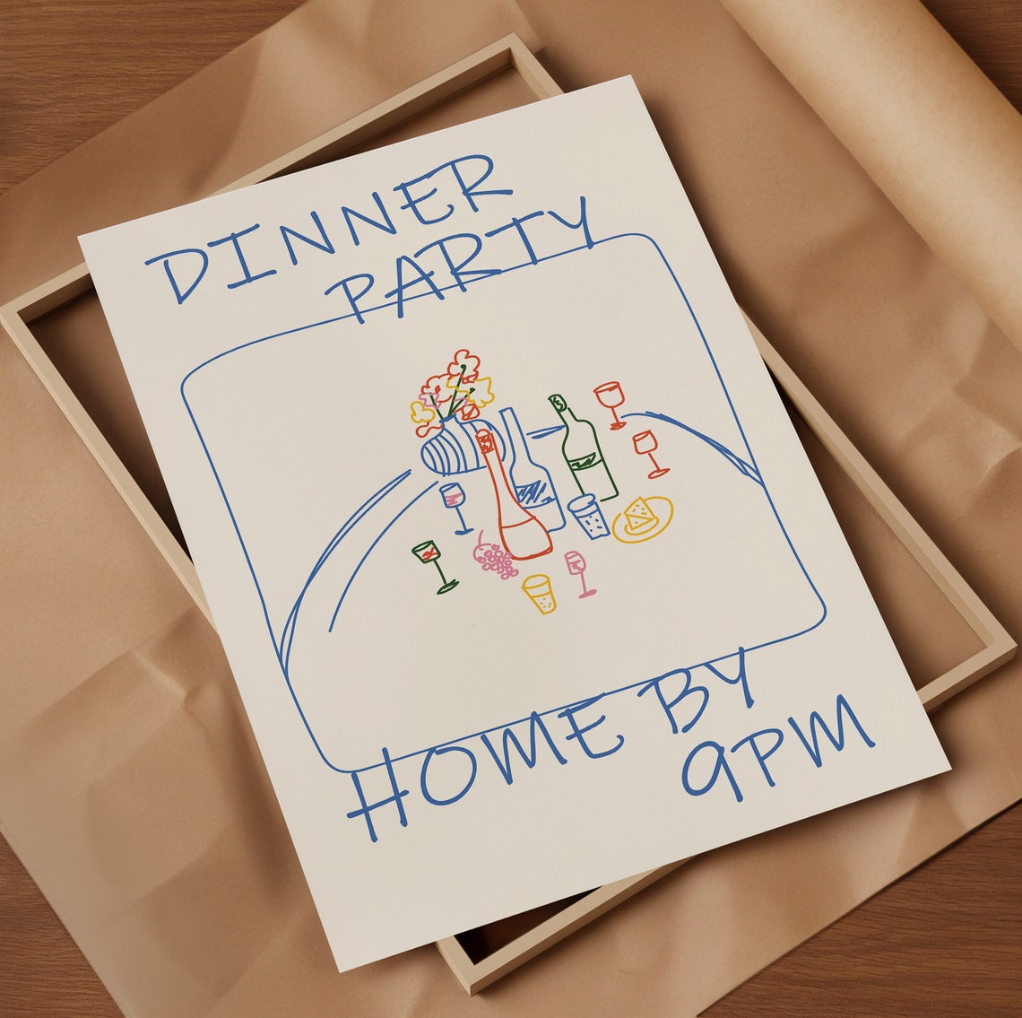 Retro Dinner Party Print, Food and Drinks Illustrations Poster ...