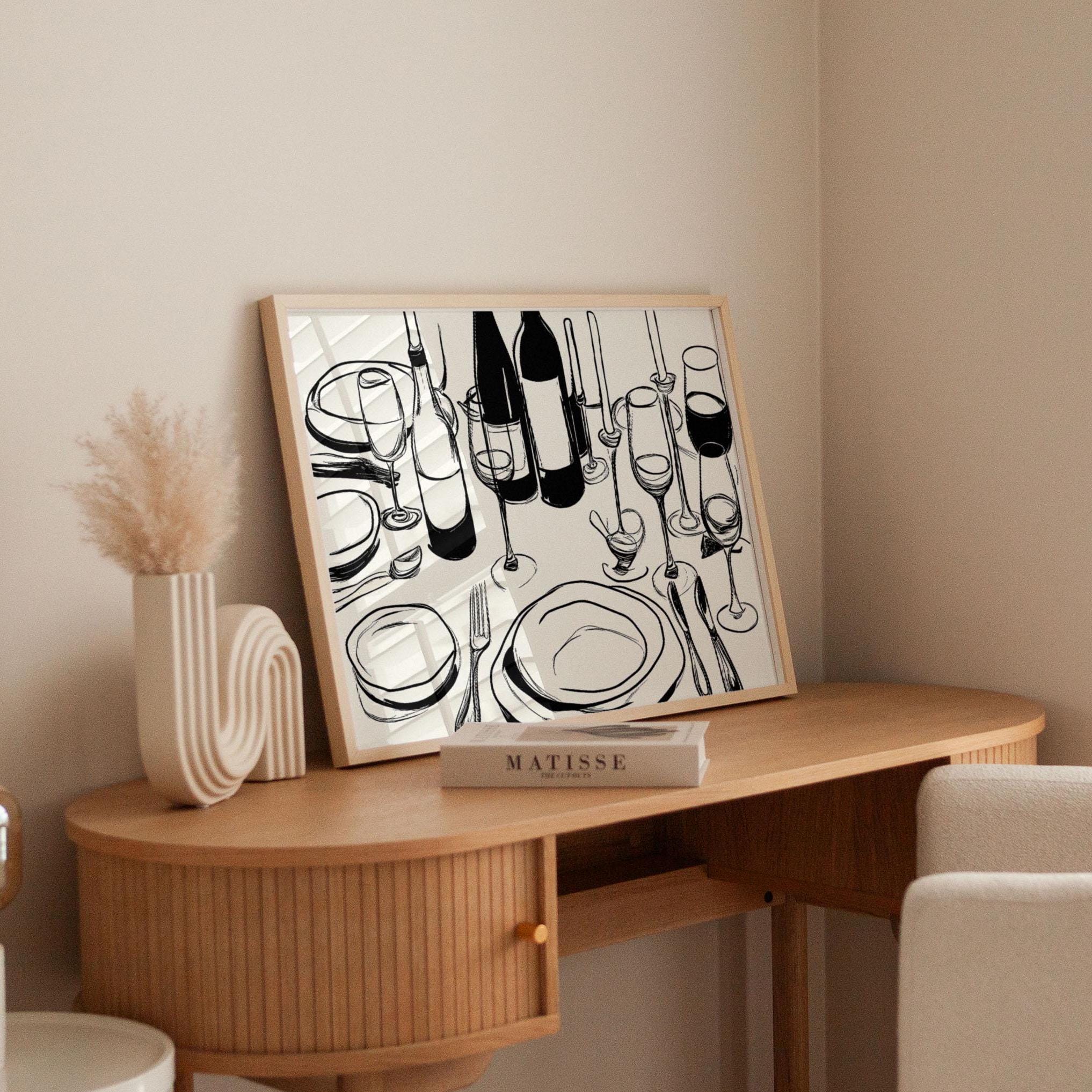 Dinner Party Food Poster, Vintage Kitchen Wall Art, Wine Bottles ...