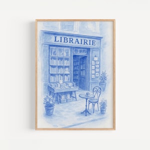 Blue Watercolor Library Print, Cottage Core Decor, Paris Travel Art ...