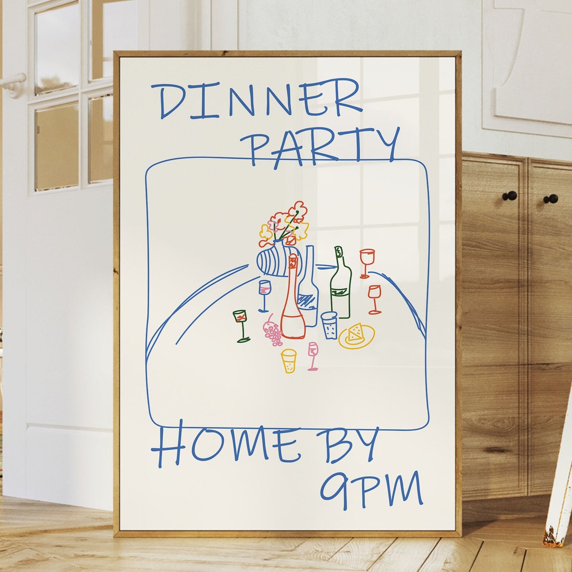 Retro Dinner Party Print, Food and Drinks Illustrations Poster ...