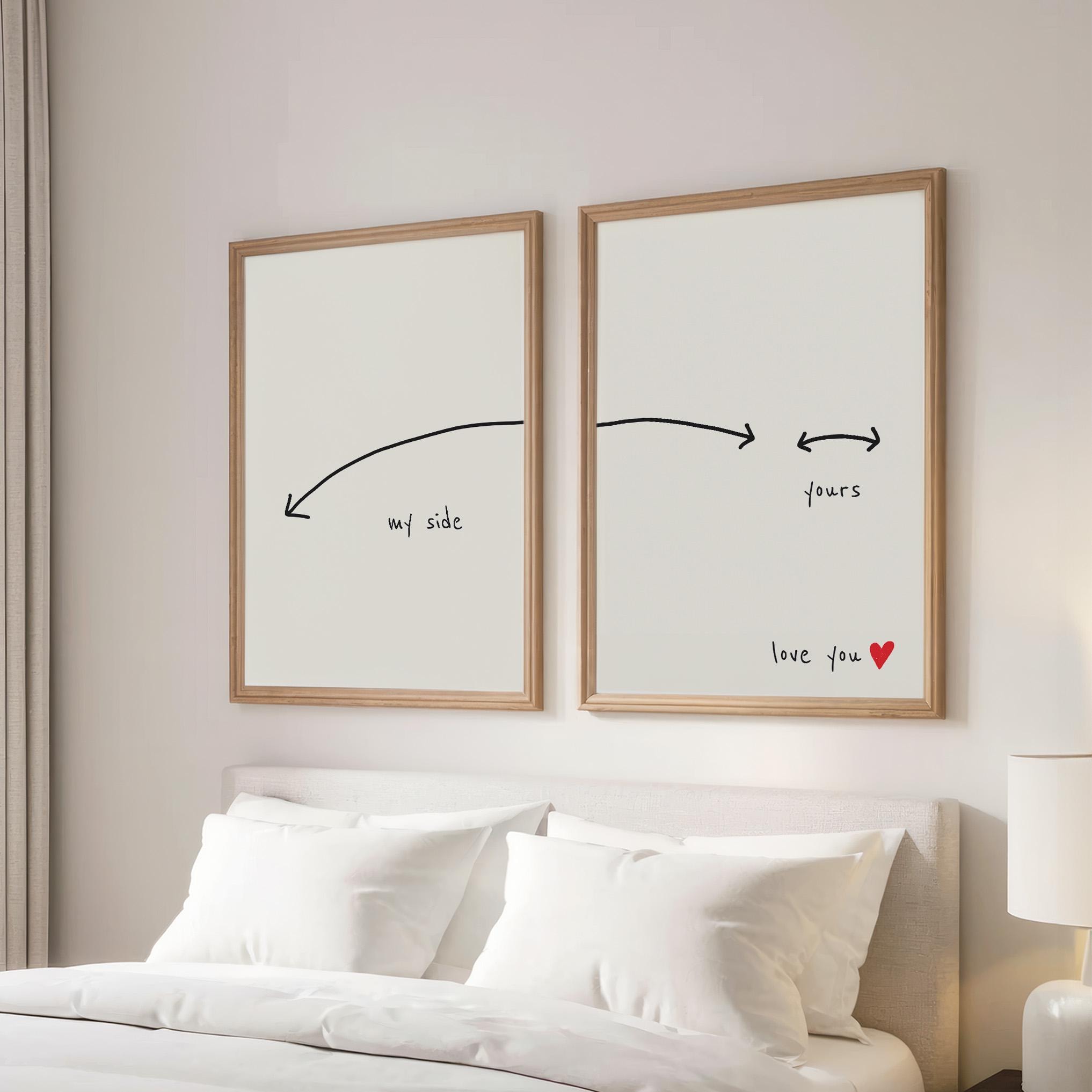 Poster Set of 2, Couples Bedroom Wall Art, My Side Yours Quirky Print ...