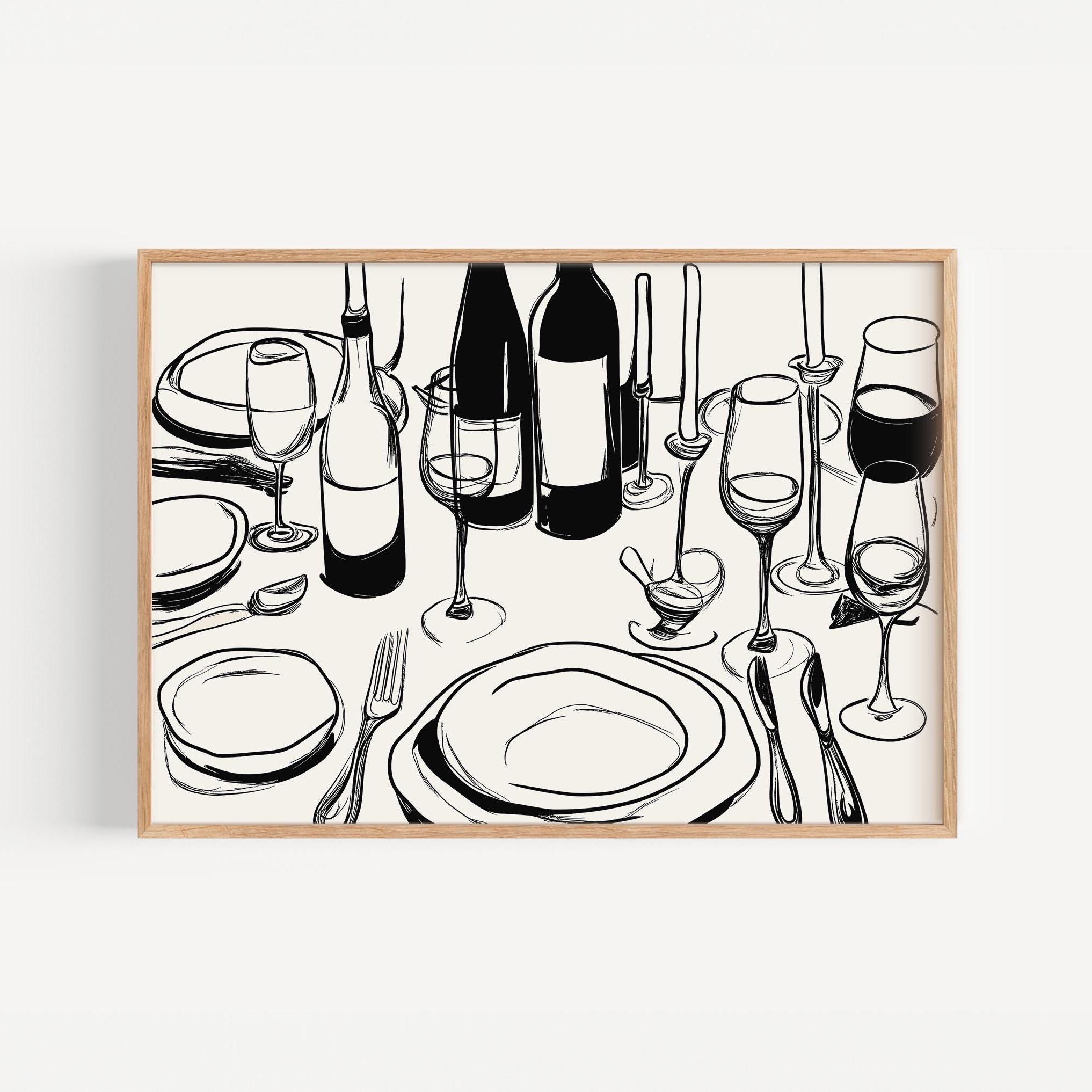Dinner Party Food Poster, Vintage Kitchen Wall Art, Wine Bottles ...