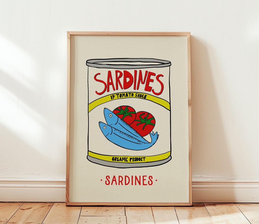 Tinned Sardines Poster, Vintage Hand Drawn Fish Food Art, Retro Aesthetic Kitchen Wall Art ...