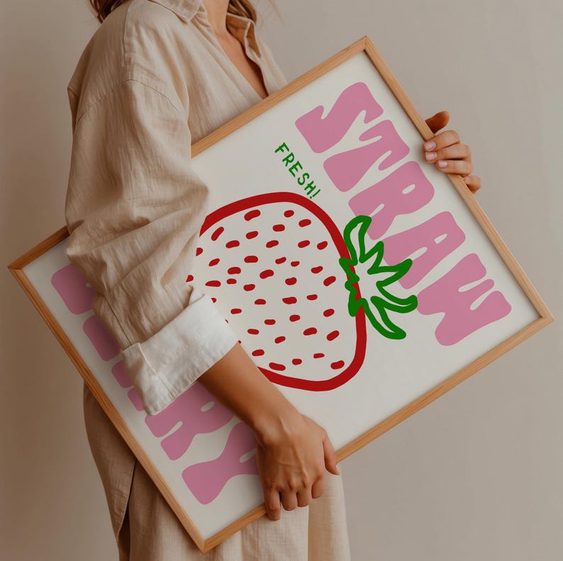 Strawberry Art Print, Retro Fruit Market Poster, Kitchen Wall Art ...