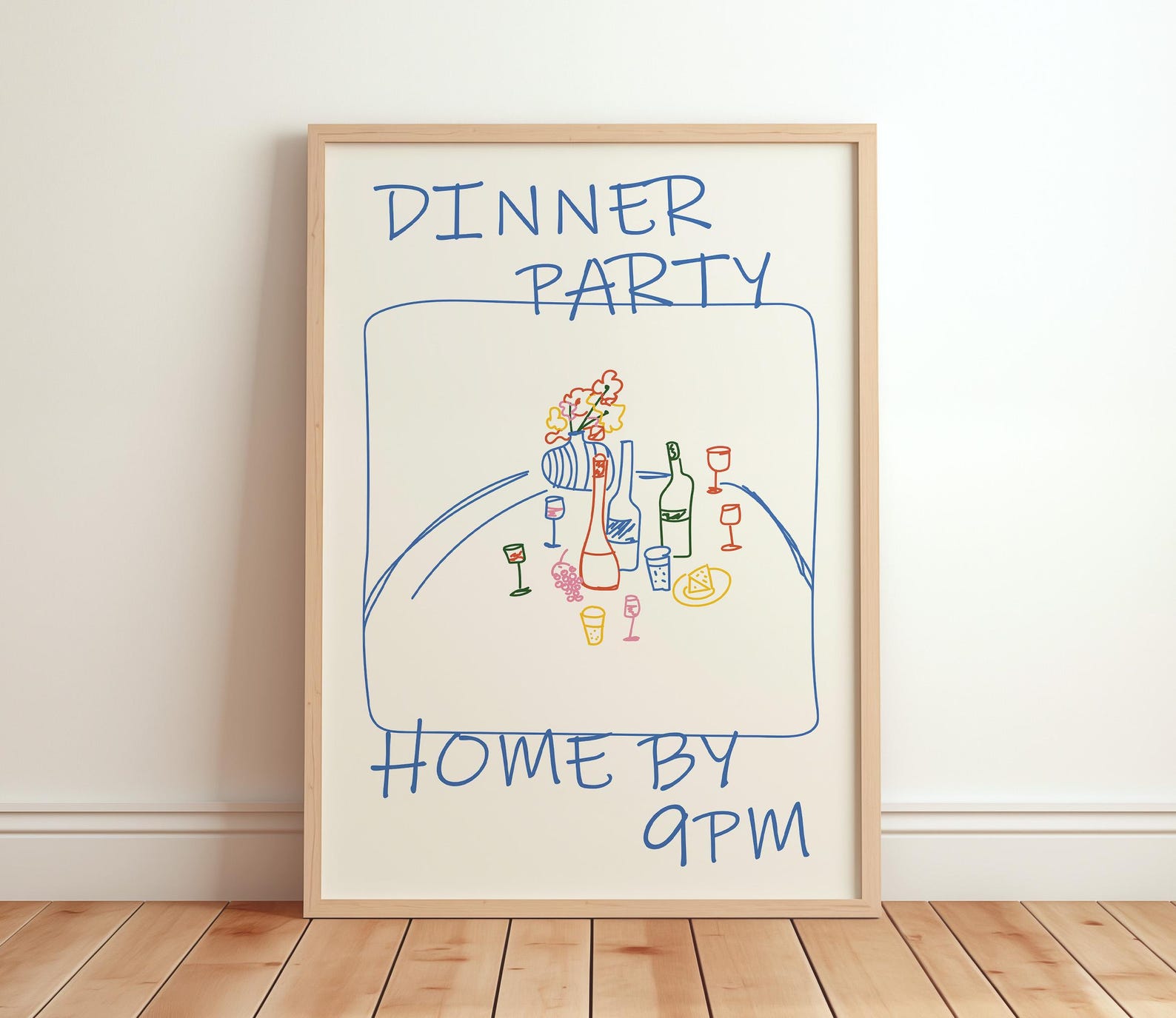 Retro Dinner Party Print, Food and Drinks Illustrations Poster ...