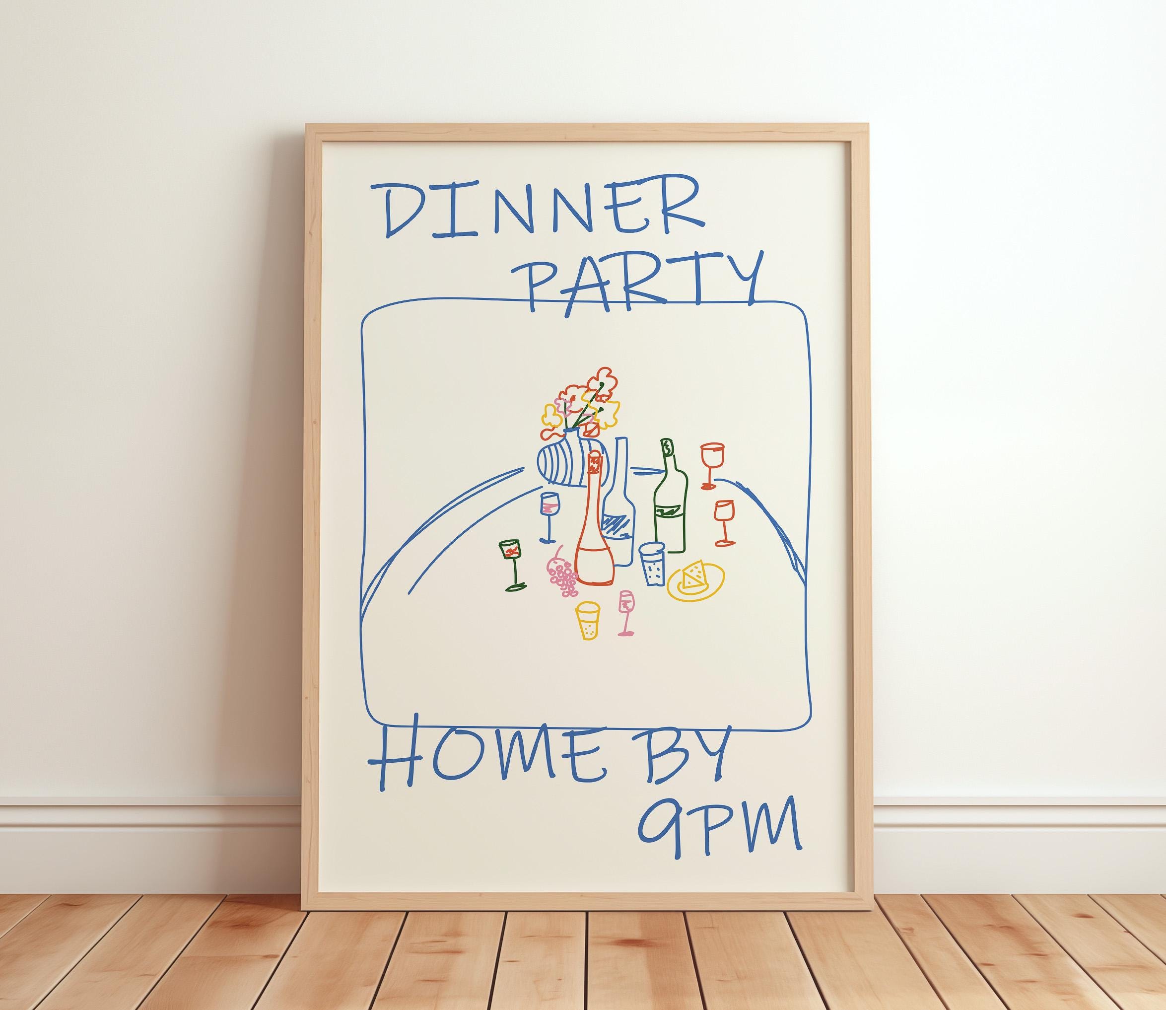 Retro Dinner Party Print, Food and Drinks Illustrations Poster ...