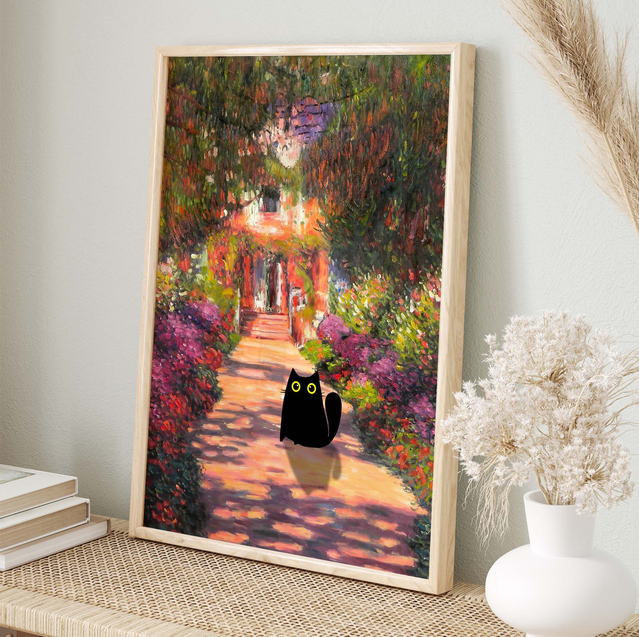 Claude Monet Black Cat Wall Art Poster, Flower Garden Cat Print, Funny ...