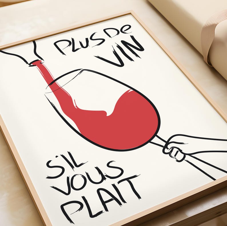 Plus De Vin Print, French Wine Art Poster, Bar Cart Art Print, Fun ...