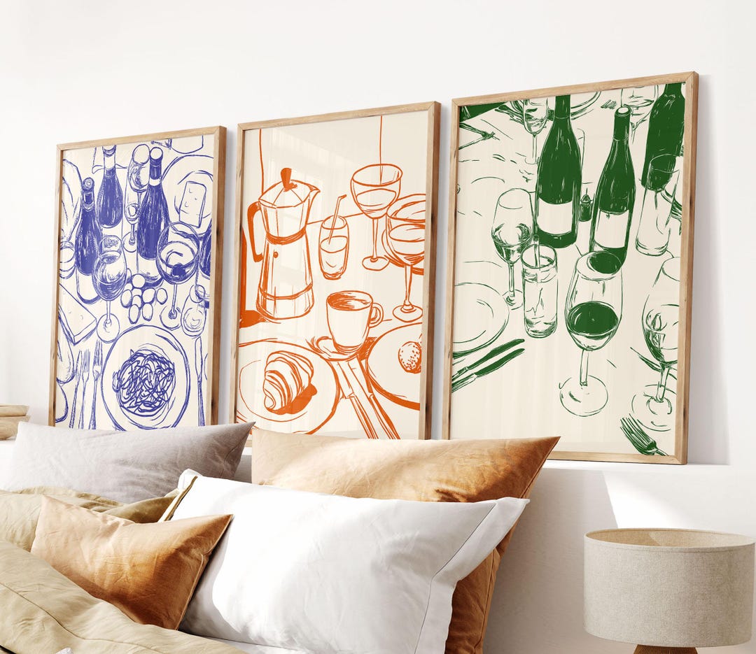 Set of 3 Posters, Trendy Kitchen Wall Art, Retro Dinner Party Art, Food ...