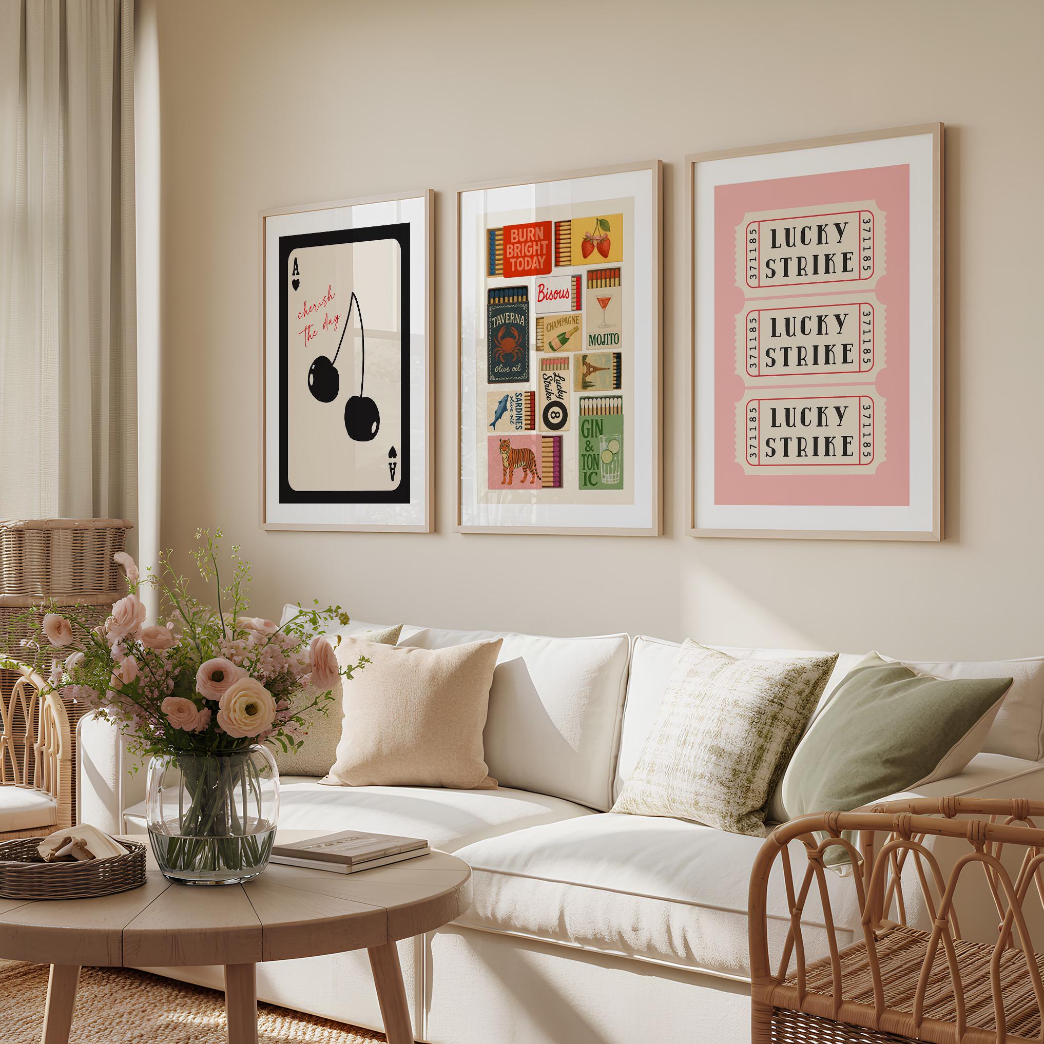 Set of 3 Trendy Prints, Feeling Lucky, Retro Matchbook Wall Art, Lucky ...