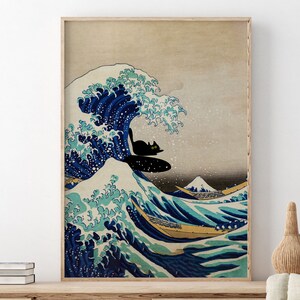 Hokusai Great Wave Black Cat Poster, Famous Japanese Painting Cat Print ...