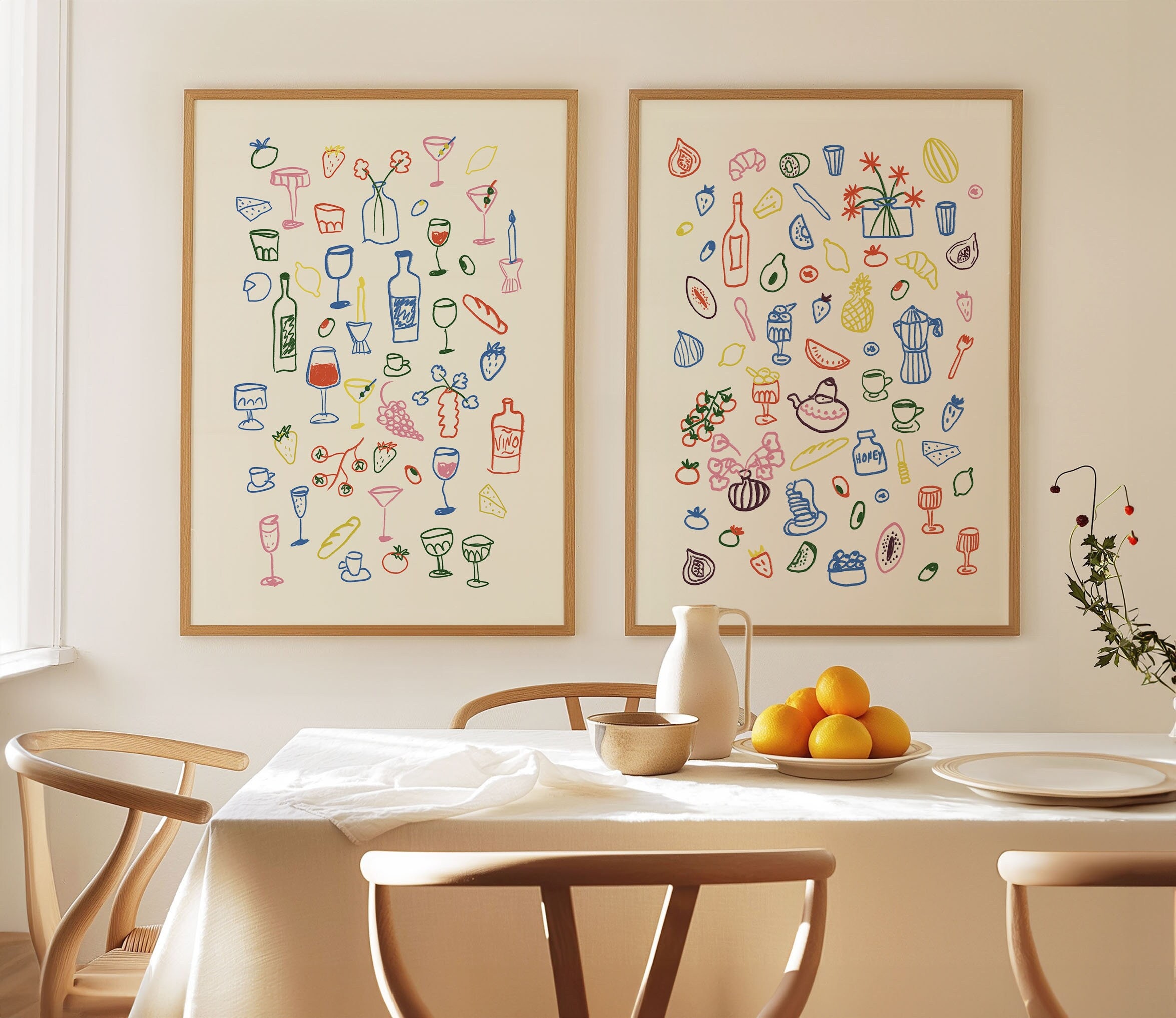 Poster Set of 2, Retro Dinner Table Set Print, Food and Drinks ...