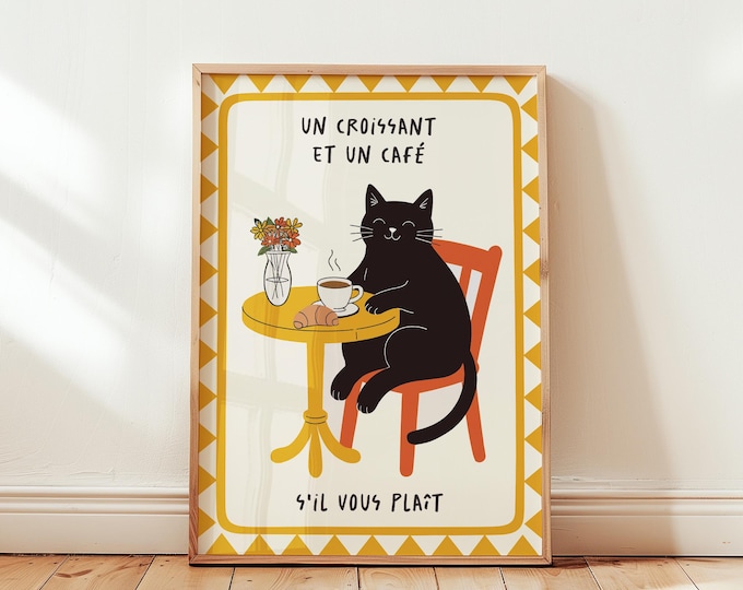 French Cafe Au Lait Cat Print, Retro Drink Poster, Bistro Coffee ...