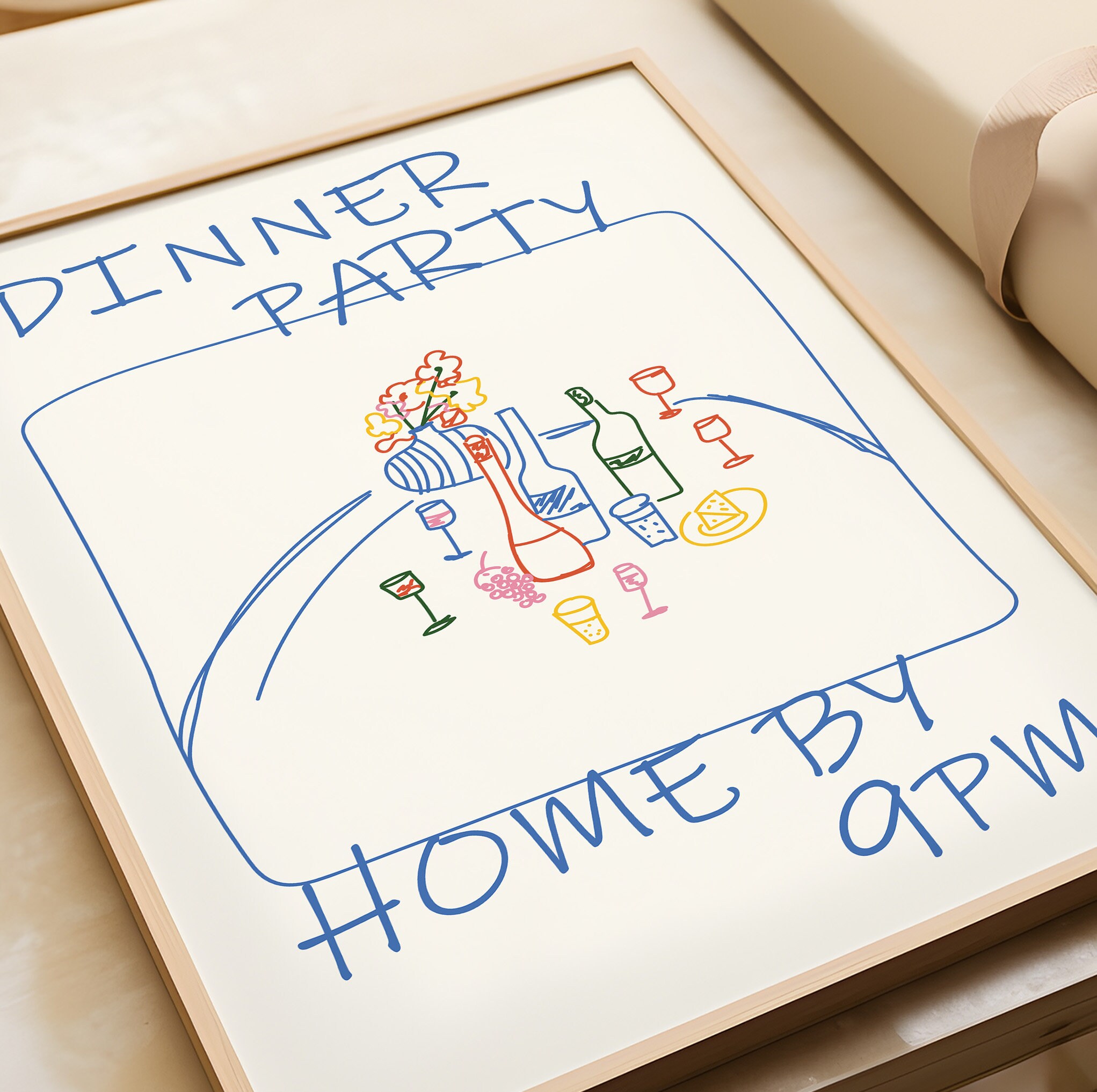 Retro Dinner Party Print, Food and Drinks Illustrations Poster ...