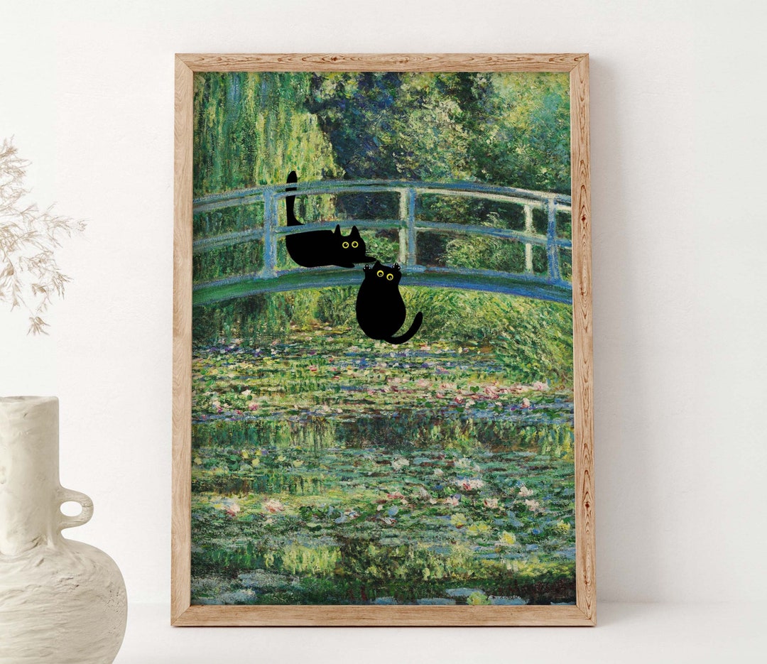 Claude Monet Black Cat Wall Art Poster, Water Lilies Cats Print, Funny ...