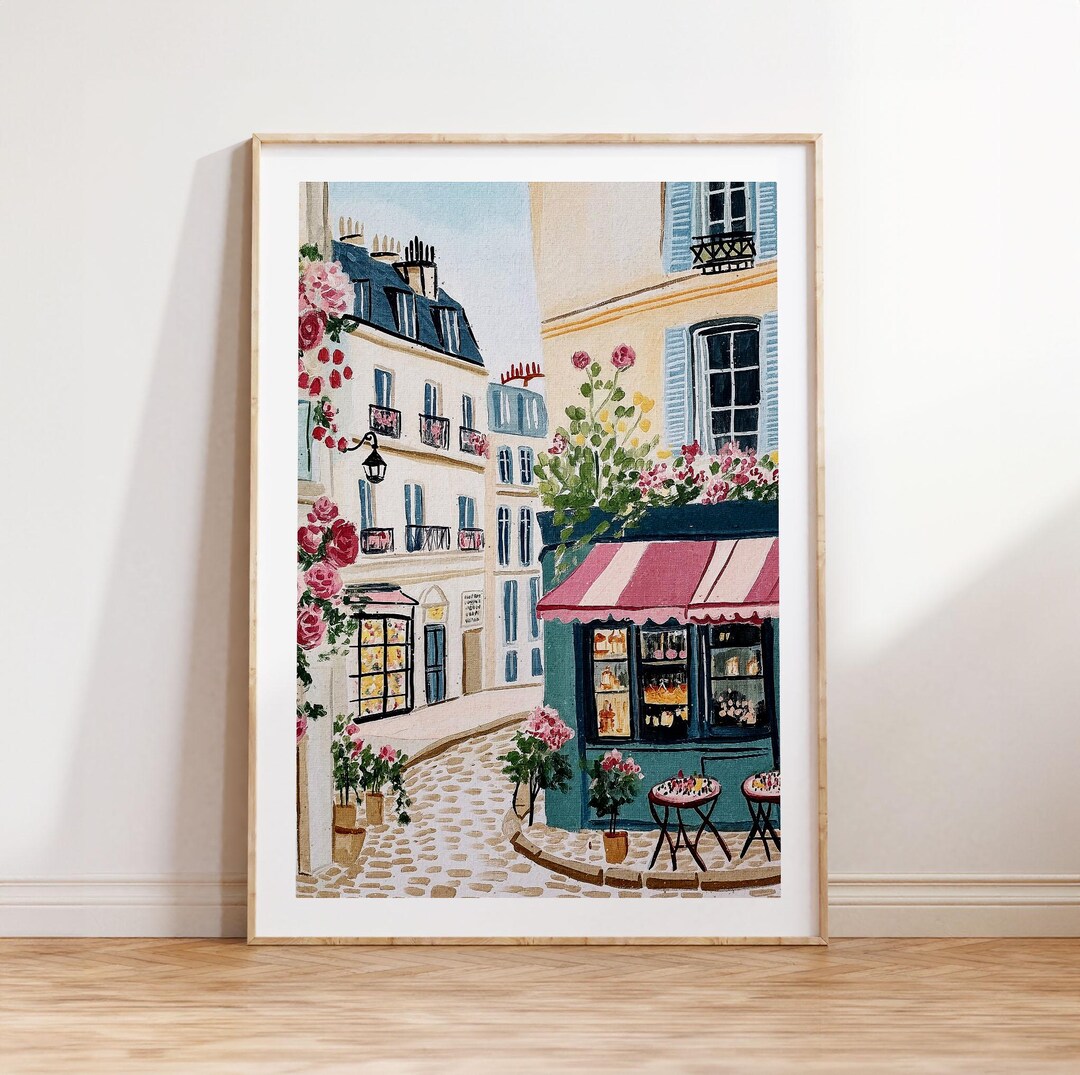 Vibrant Parisian Street Print, European Street Corner Art, Cityscape ...