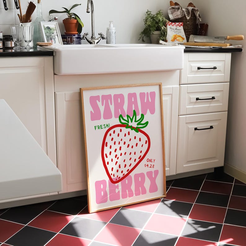 Strawberry Art Print, Retro Fruit Market Poster, Kitchen Wall Art ...
