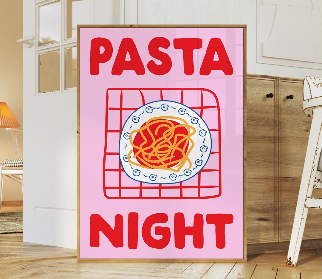 Pasta Night Poster, Retro Italian Food Print, Spaghetti Art, Modern ...