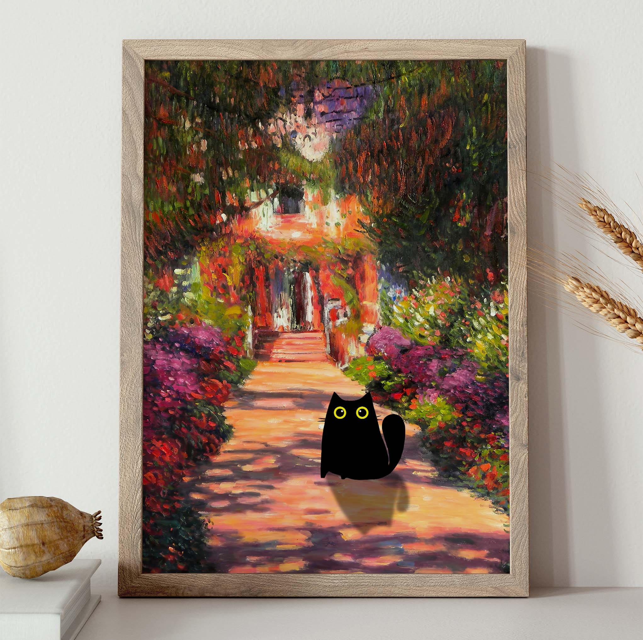 Claude Monet Black Cat Wall Art Poster, Flower Garden Cat Print, Funny ...