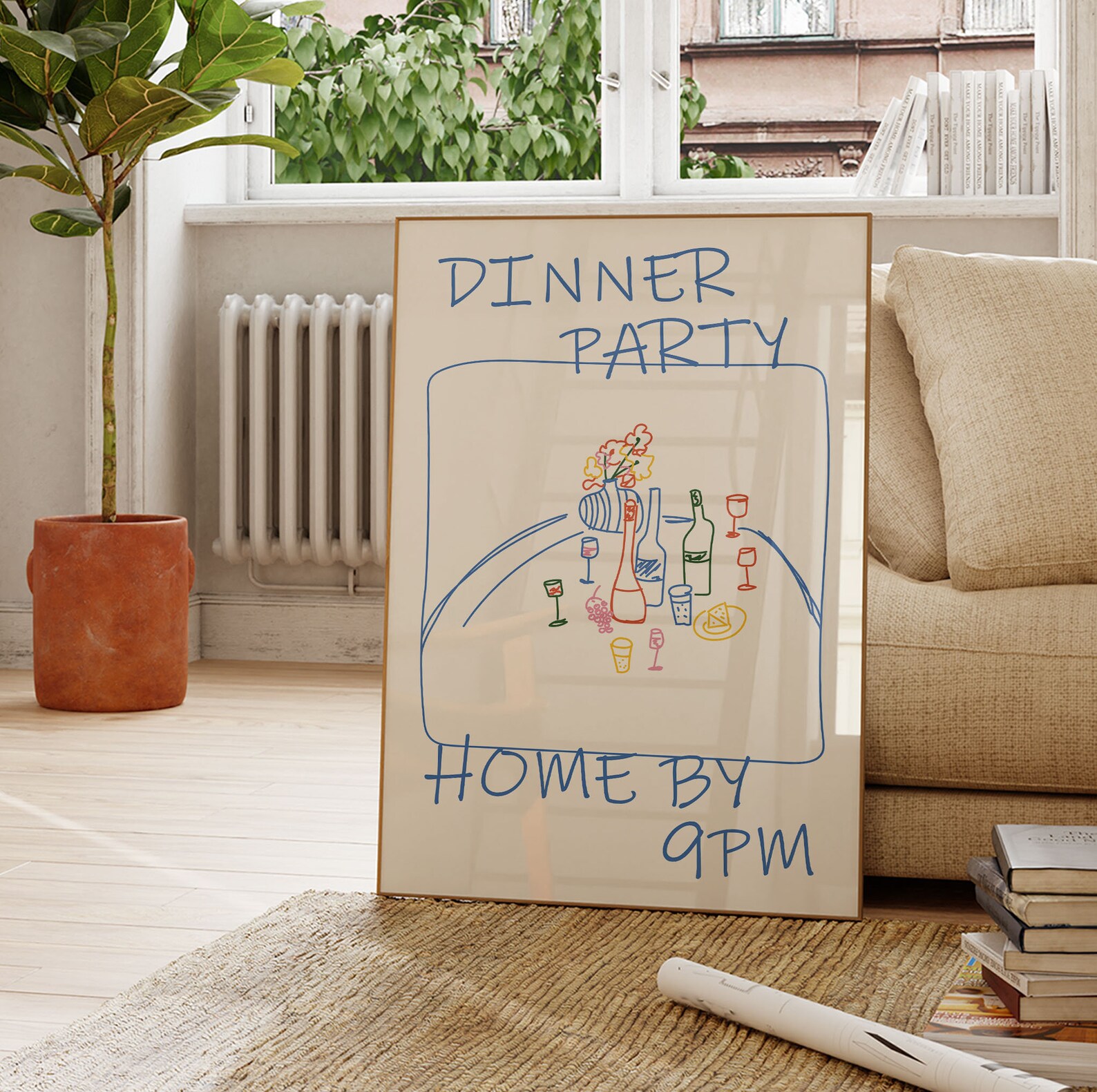 Retro Dinner Party Print, Food and Drinks Illustrations Poster ...