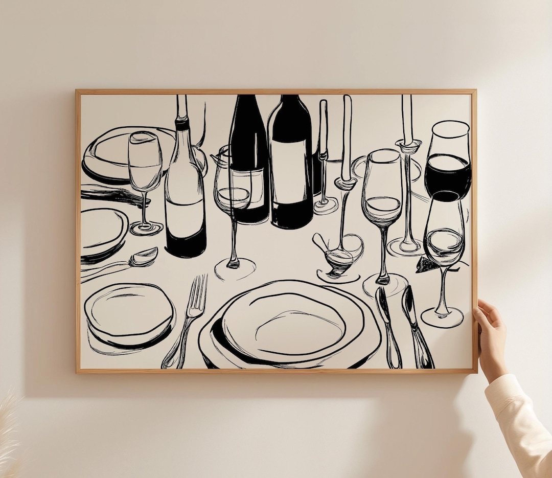 Dinner Party Food Poster, Vintage Kitchen Wall Art, Wine Bottles ...