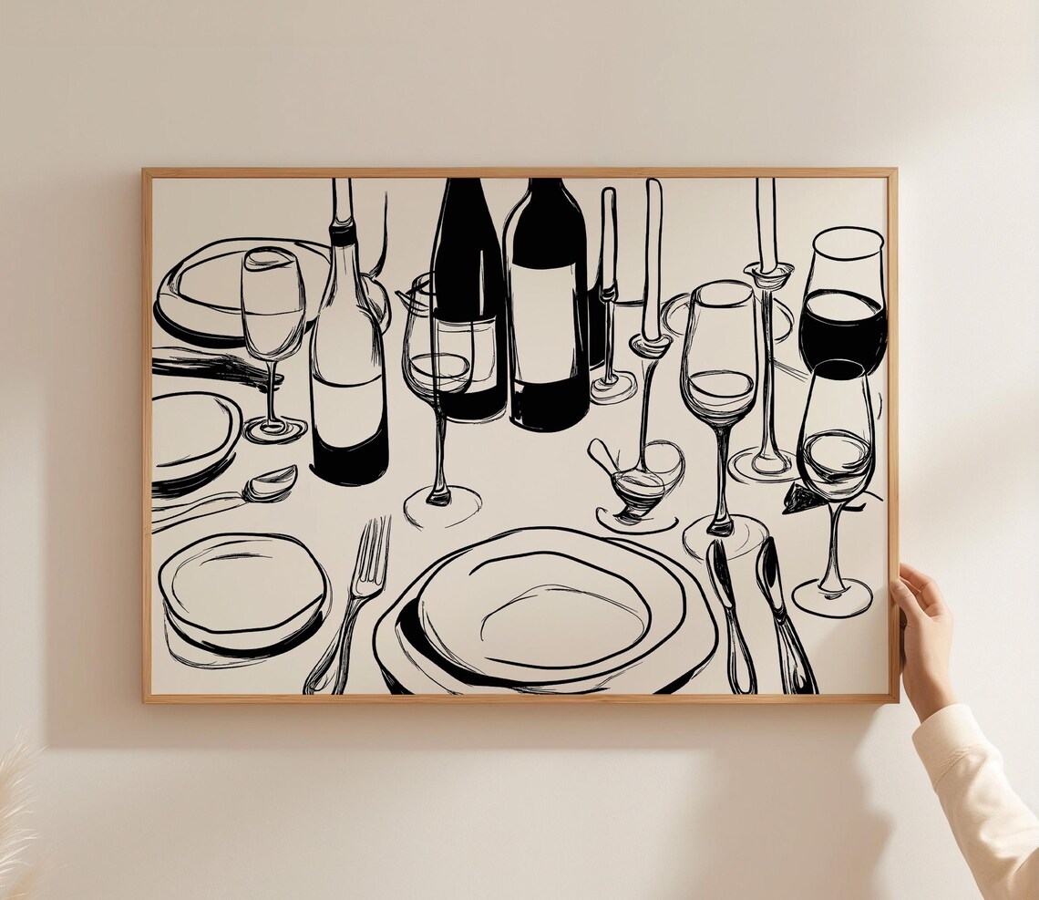 Dinner Party Food Poster, Vintage Kitchen Wall Art, Wine Bottles ...