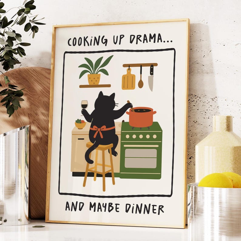 Funny Cat Kitchen Print, Cat Lover Gift, Black Cat Art Print, Cute Cat ...