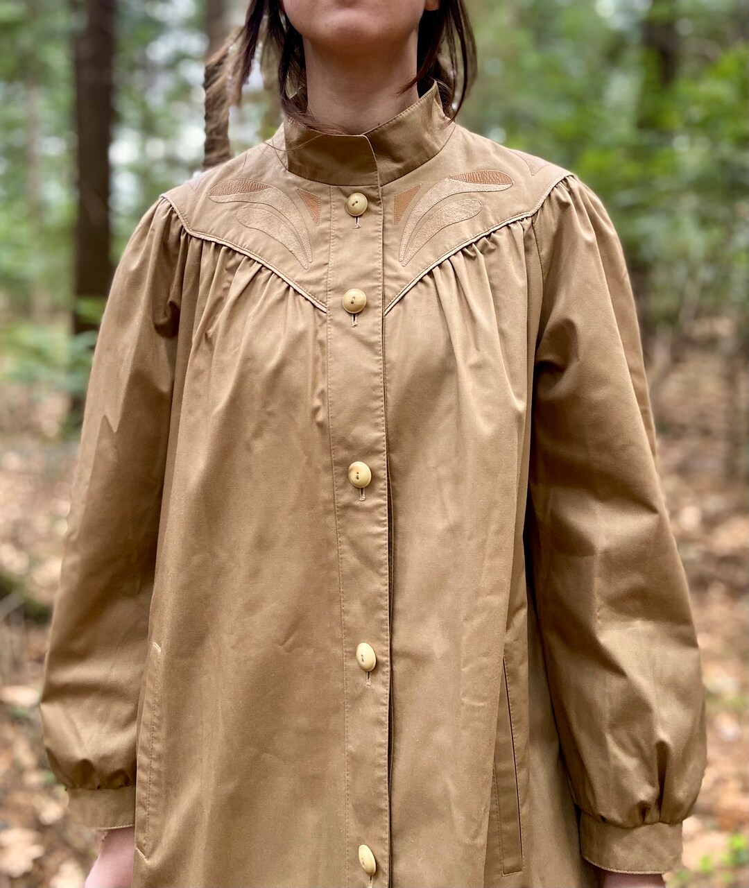 70s 80s Trench Coat Beige Embroidered Vintage Puffy Baloon Sleeves ...