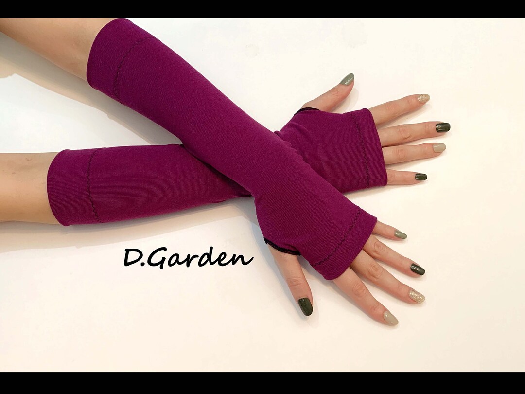 Long Thin Solid Purple Knitted Cut and Sewn Soft Fingerless Arm Warmers ...
