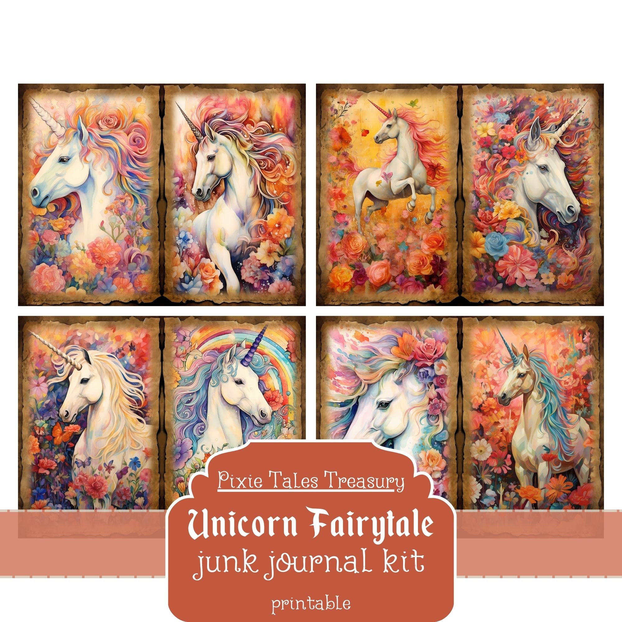 Unicorn Fantasy Junk Journal Kit Fairytale Floral Scrapbook Page ...