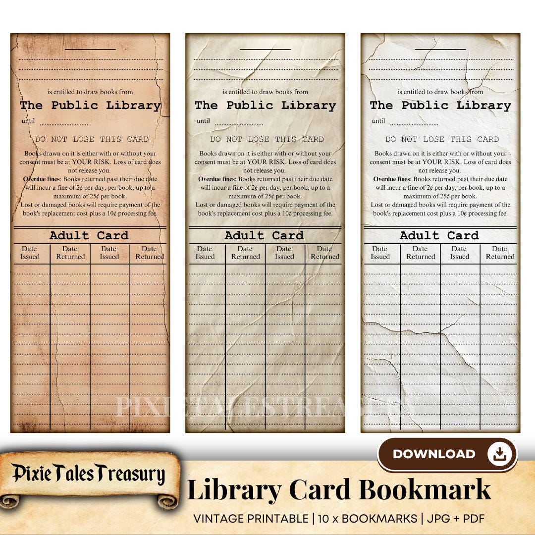 Library Card Journal Templates, Vintage Journal Bookmark Printables ...