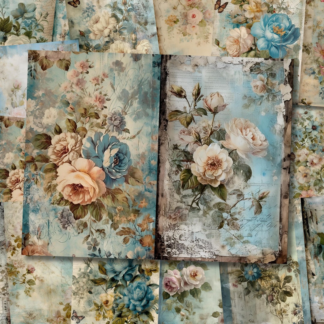 Tattered Blue Shabby Flowers Junk Journal Pages Floral Grunge ...