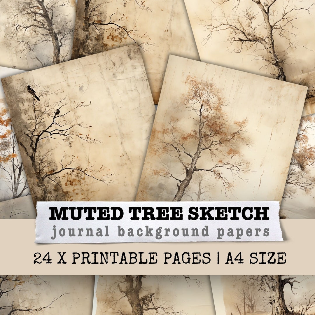 Muted Tree Sketch Junk Journal Kit Sepia Collage Sheet Background Paper ...