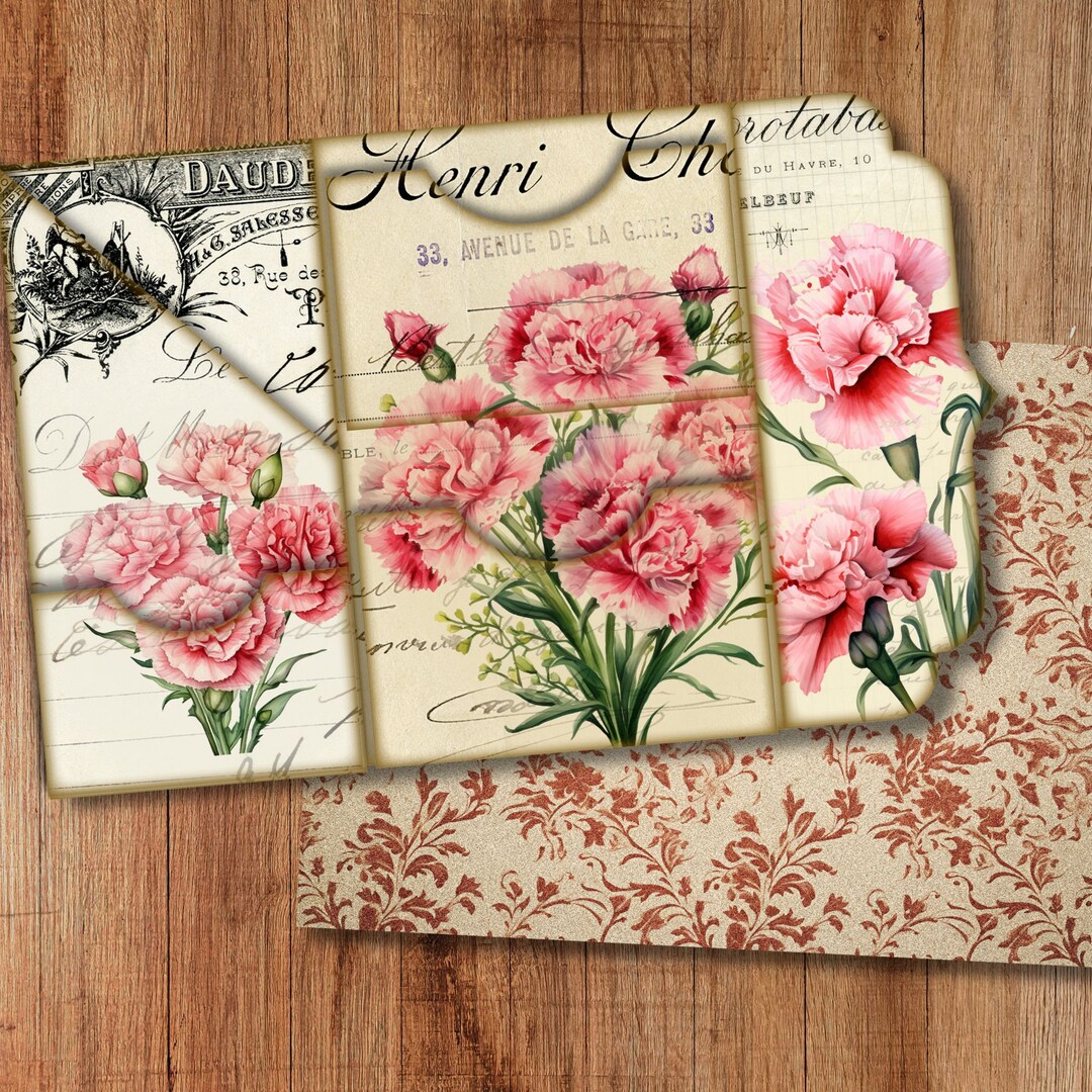 Carnation Watercolor Trifold Folio Junkjournal Kit Vintage DIY Mini ...