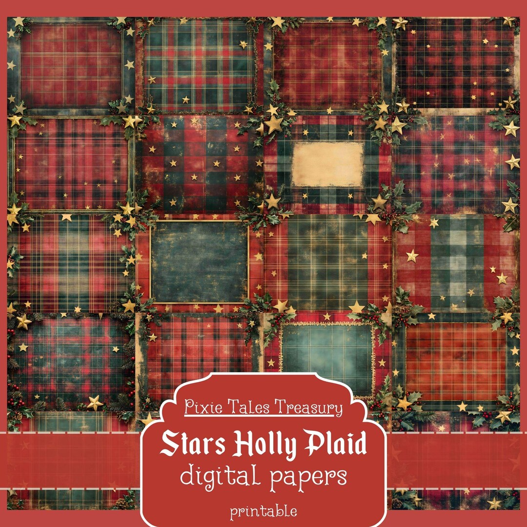Stars and Holly Plaid, 8.5" X 11", Christmas Digital Paper, Junk ...