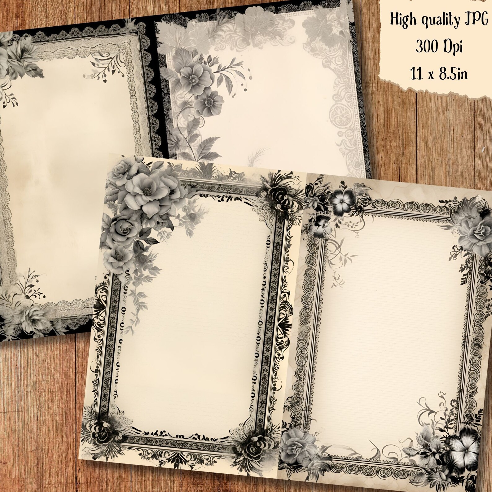 Vintage Black Floral Junk Journal Pages Goth Frame Journaling Paper ...