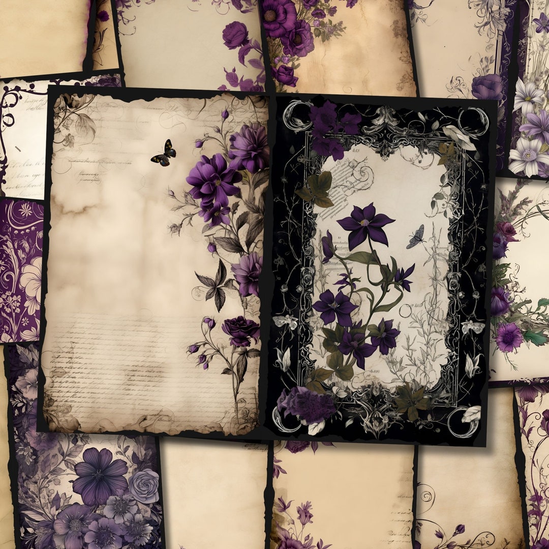 Dark Witchy Floral Junk Journal Pages Vintage Goth Purple Fantasy ...