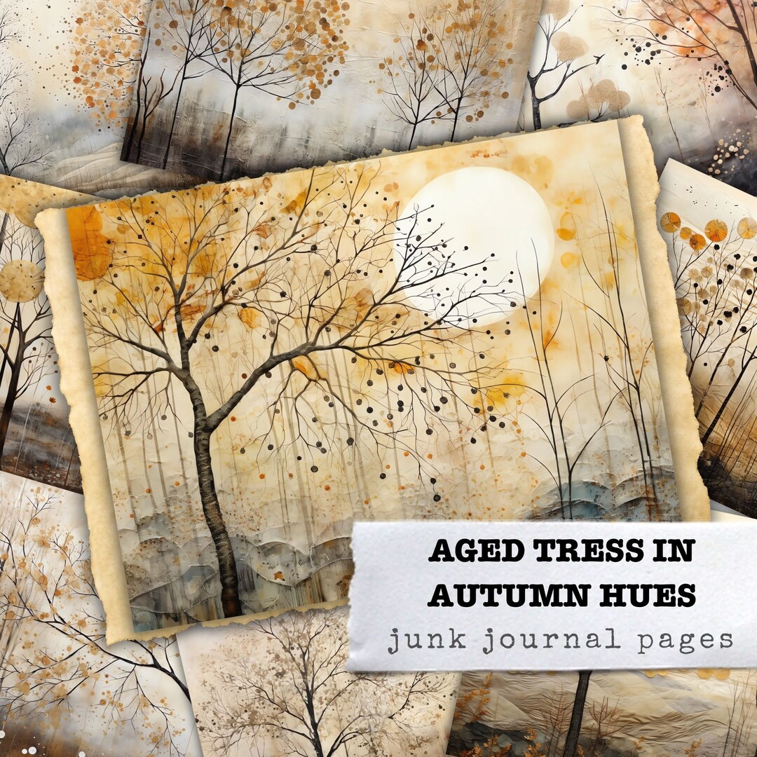 Aged Trees in Autumn Hues Fall Junk Journal Kit Floral Collage Sheet ...