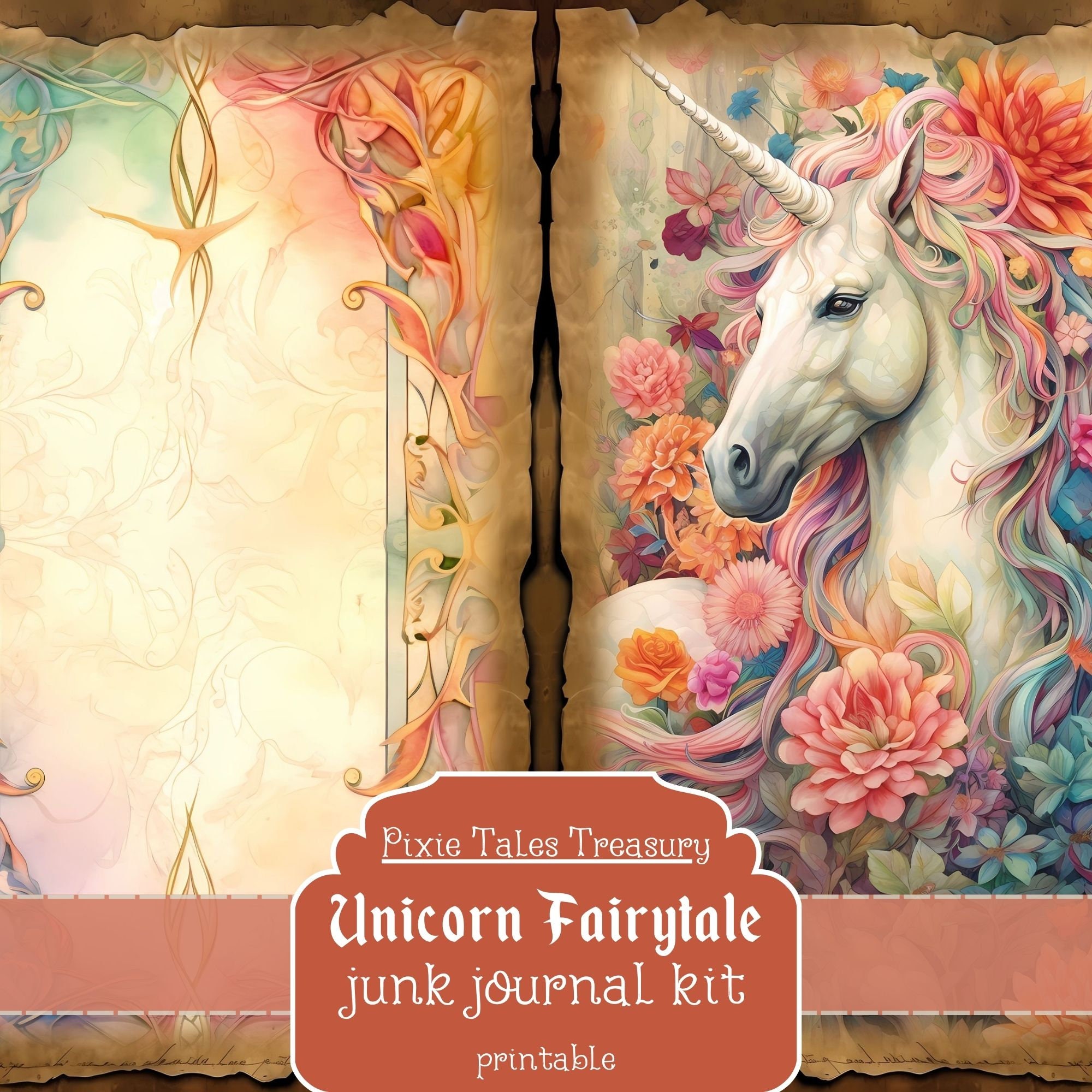 Unicorn Fantasy Junk Journal Kit Fairytale Floral Scrapbook Page ...