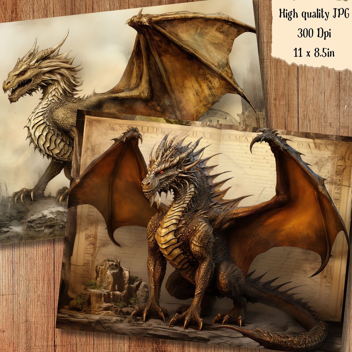 Gold Dragon Paper Junk Journal Kit Magical Dragon Scrapbook Paper ...