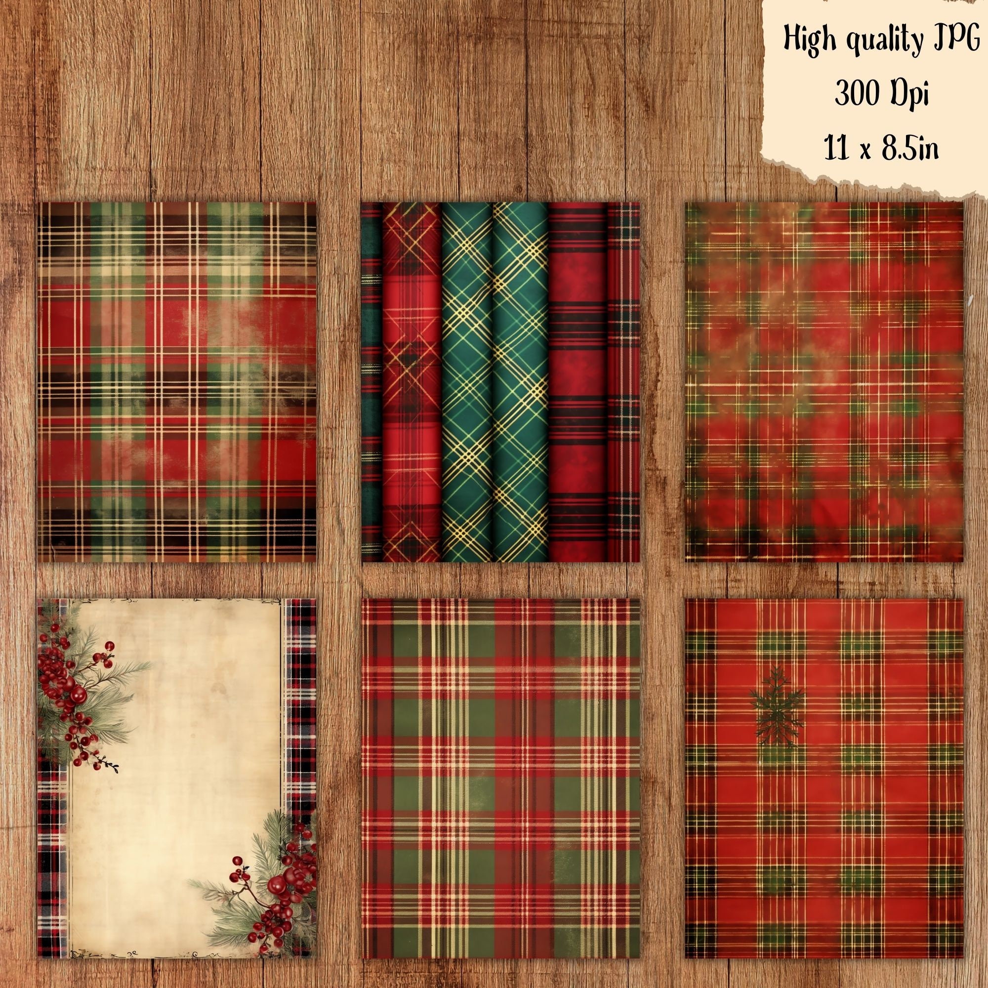 Vintage Christmas Plaid Pattern Collage Sheet Holiday Rustic Floral ...