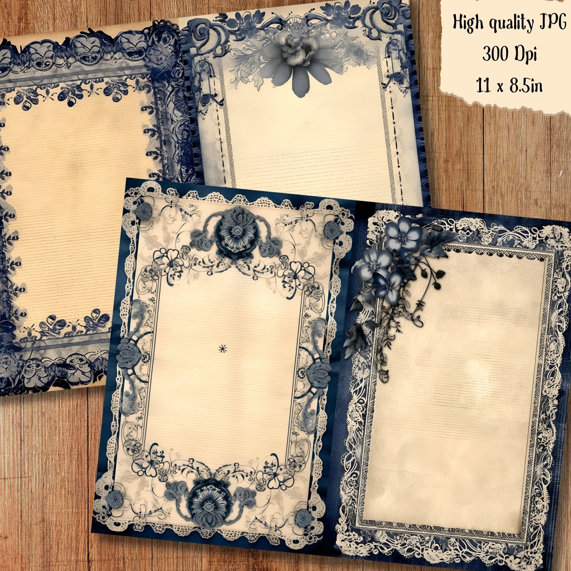 Vintage Navy Lace Junk Journal Pages Blue Floral Journaling - Etsy