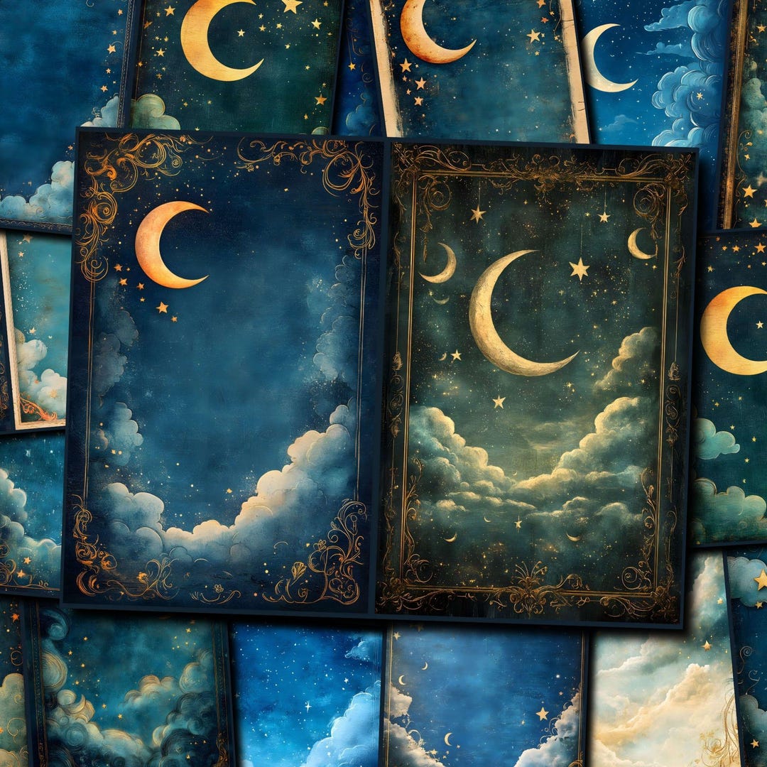 Mystical Night Sky Junk Journal Paper, Starry Crescent Moon Pages ...