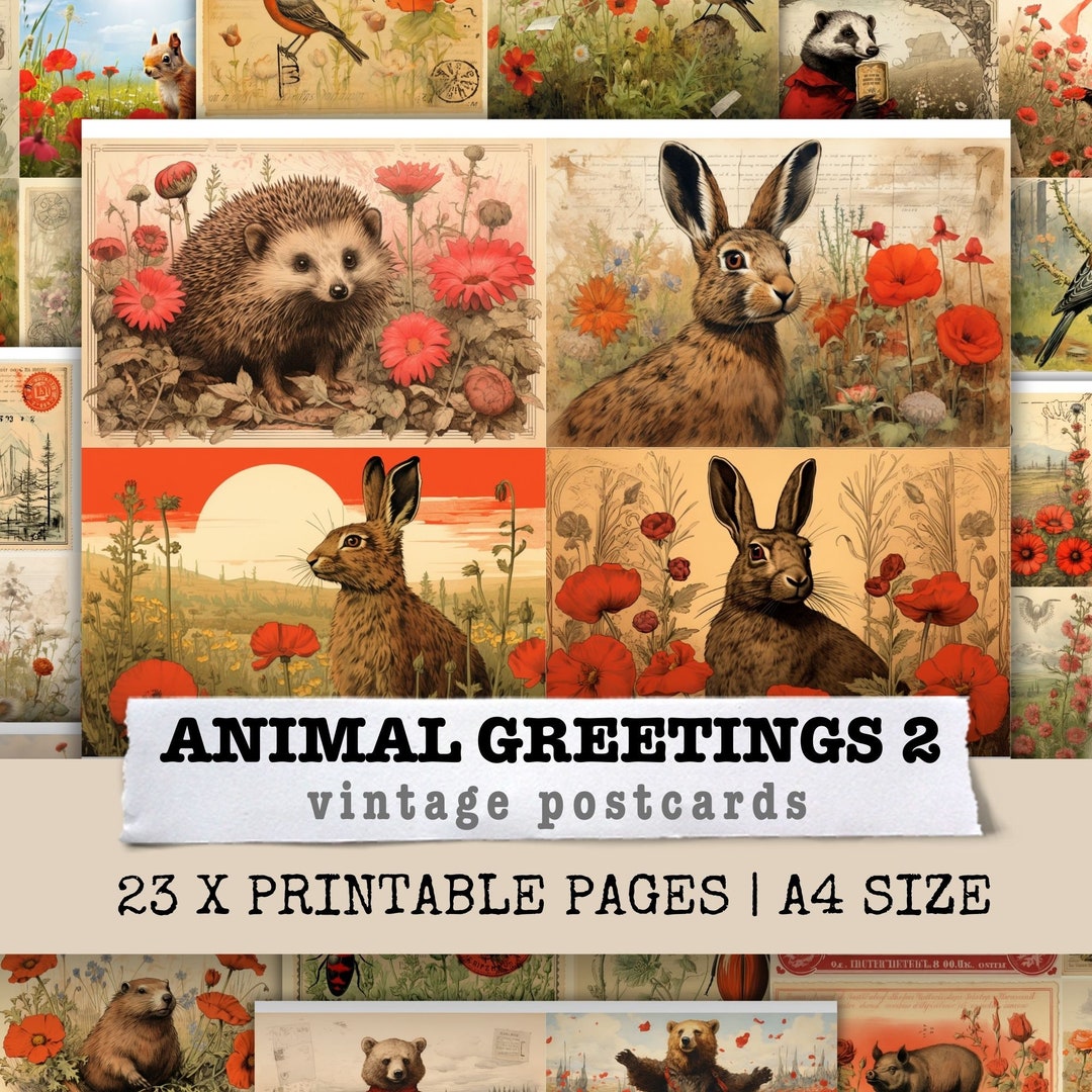 Animal Greetings 2 Vintage Postcards Junk Journal Kit Background Paper ...