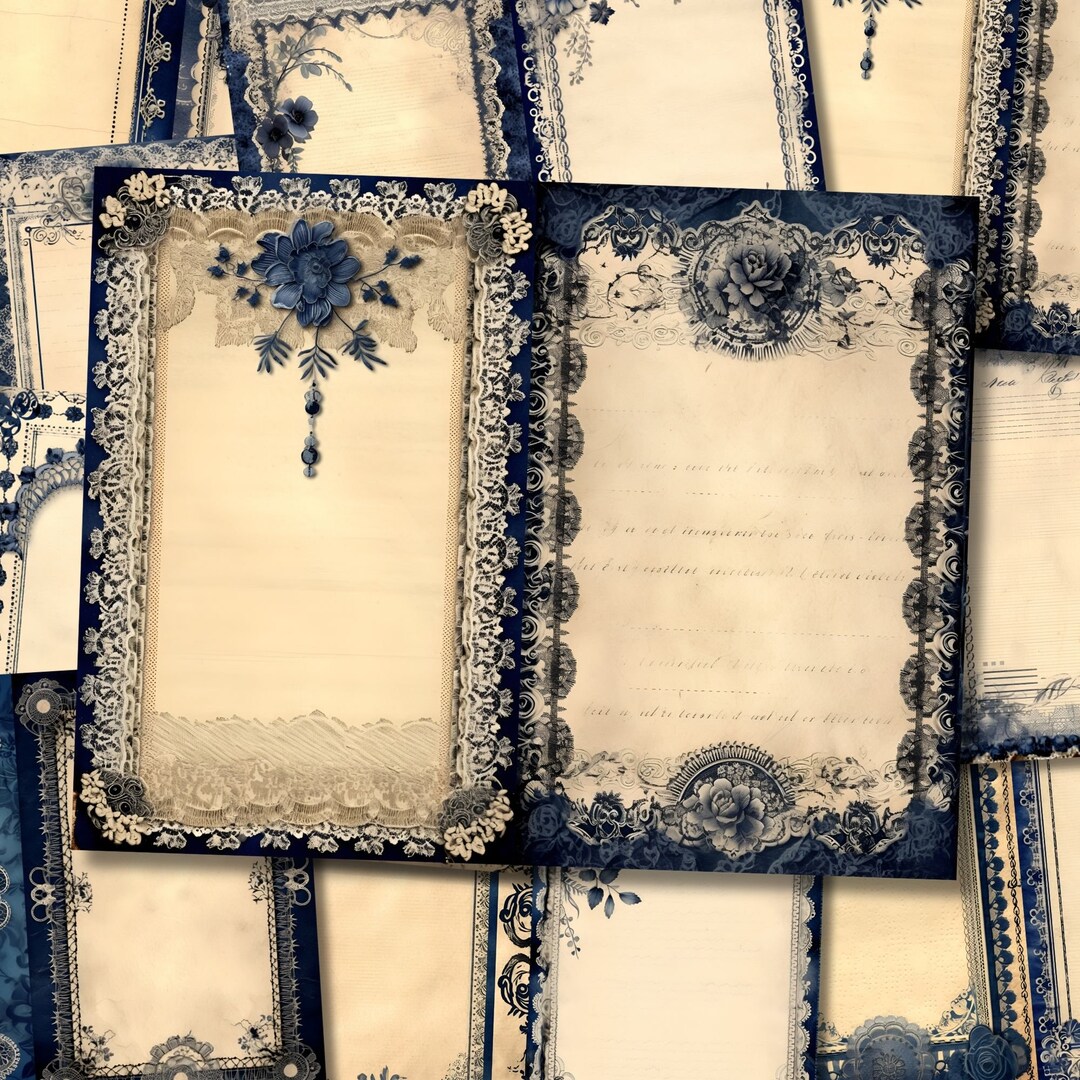 Vintage Navy Lace Junk Journal Pages Blue Floral Journaling Paper ...
