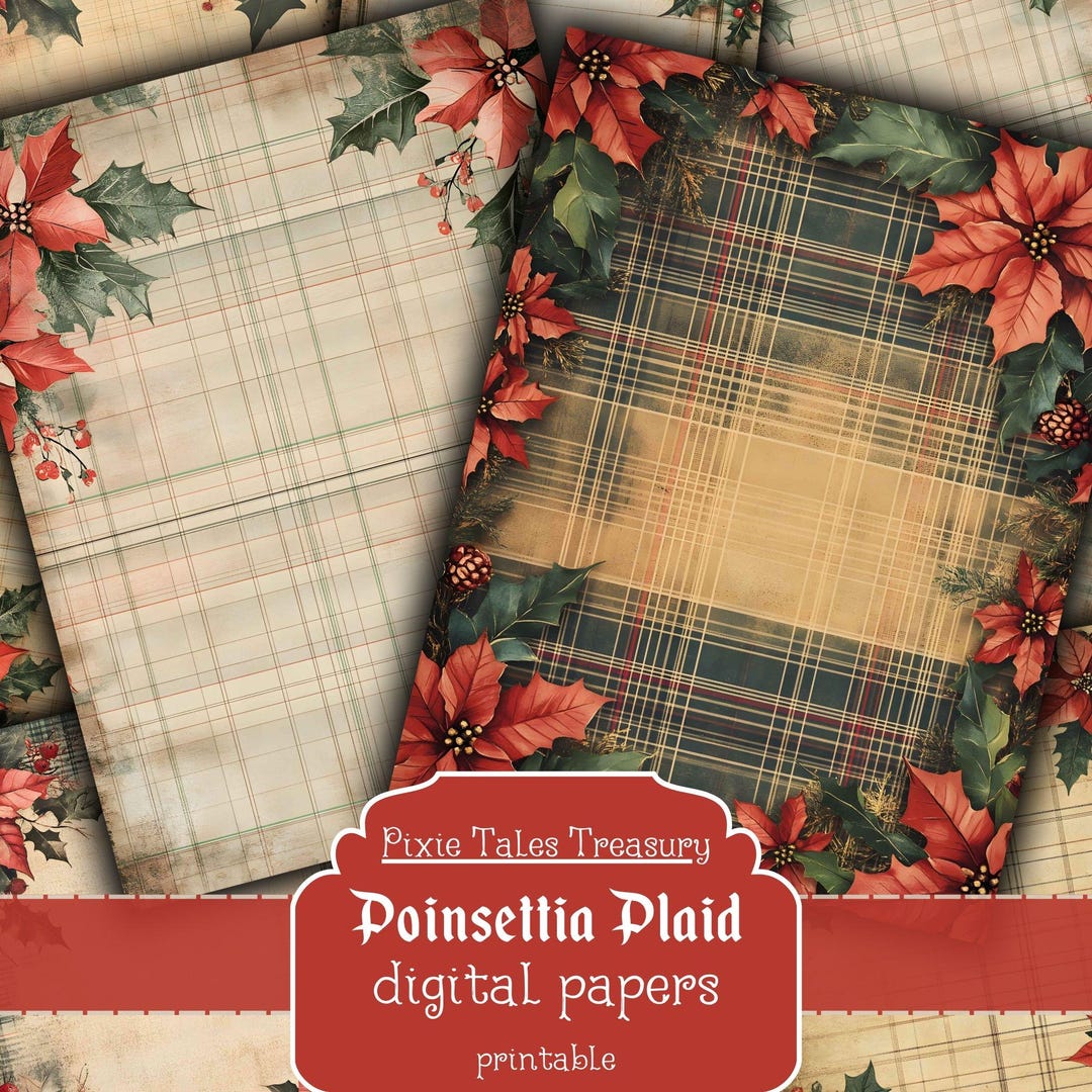 Poinsettia Christmas Plaid Paper, Vintage Junk Journal Sheet, Holiday ...