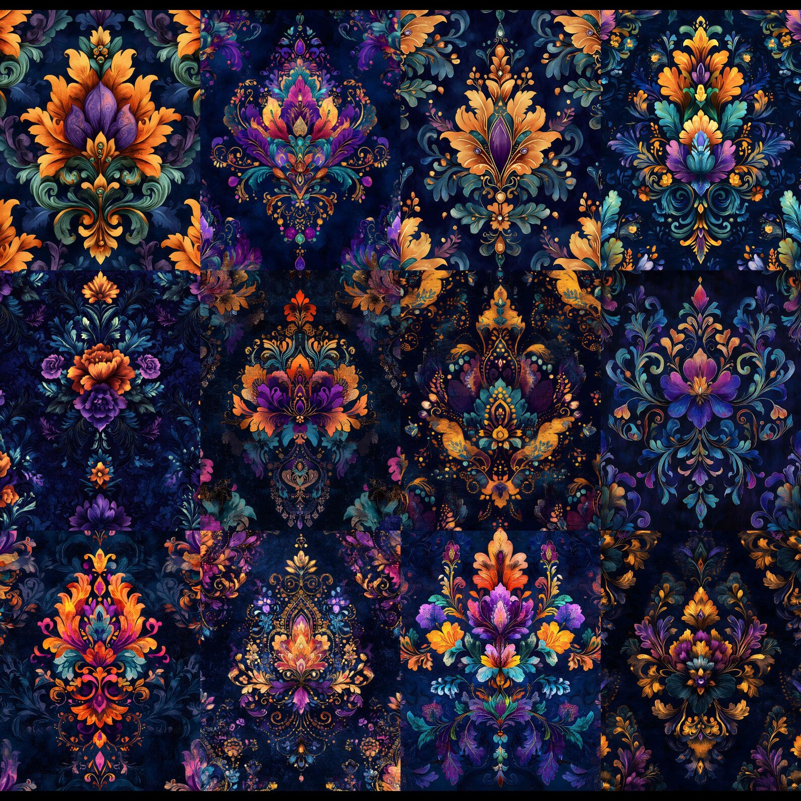 Boho Jewel Tone Damask Paper, Vibrant Bohemian Scrapbook Paper for Junk ...