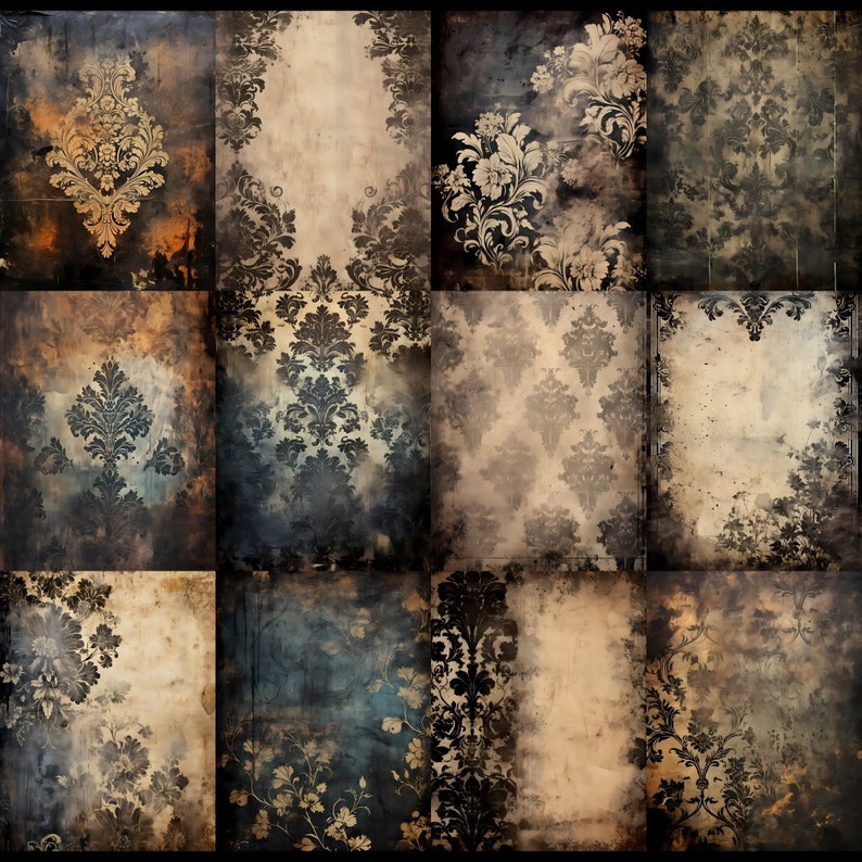 Dark Damask Background Paper Junk Journal Kit Decorative Collage Sheet ...