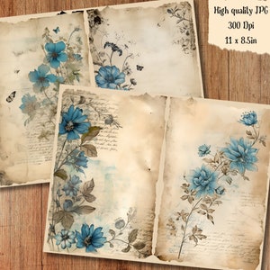 Tattered Blue Floral Watercolor Junk Journal Page Flower Journaling ...